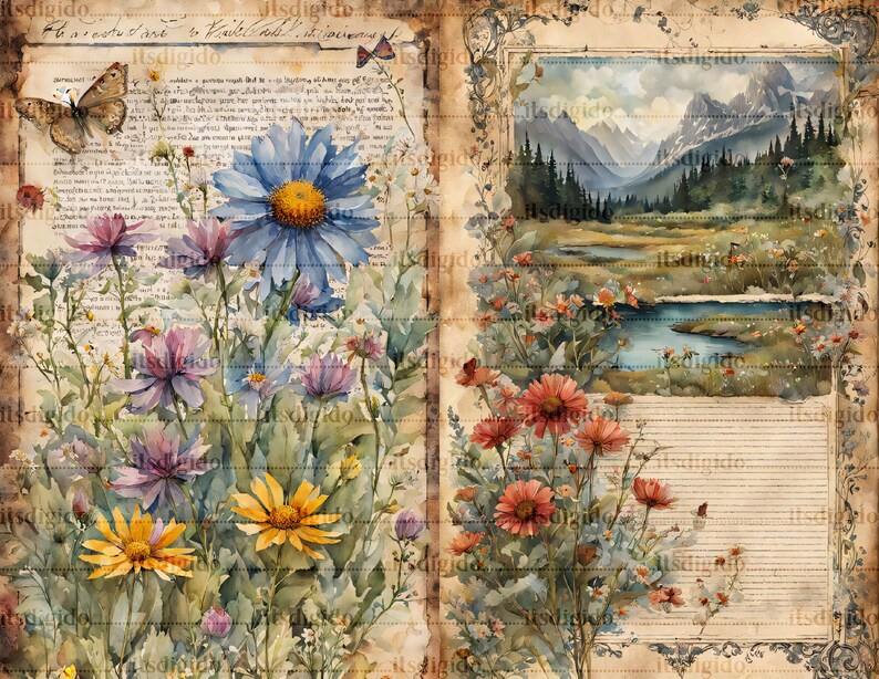 Vintage Wildflowers Pages Digital Kit Printable Antique Floral Papers ...