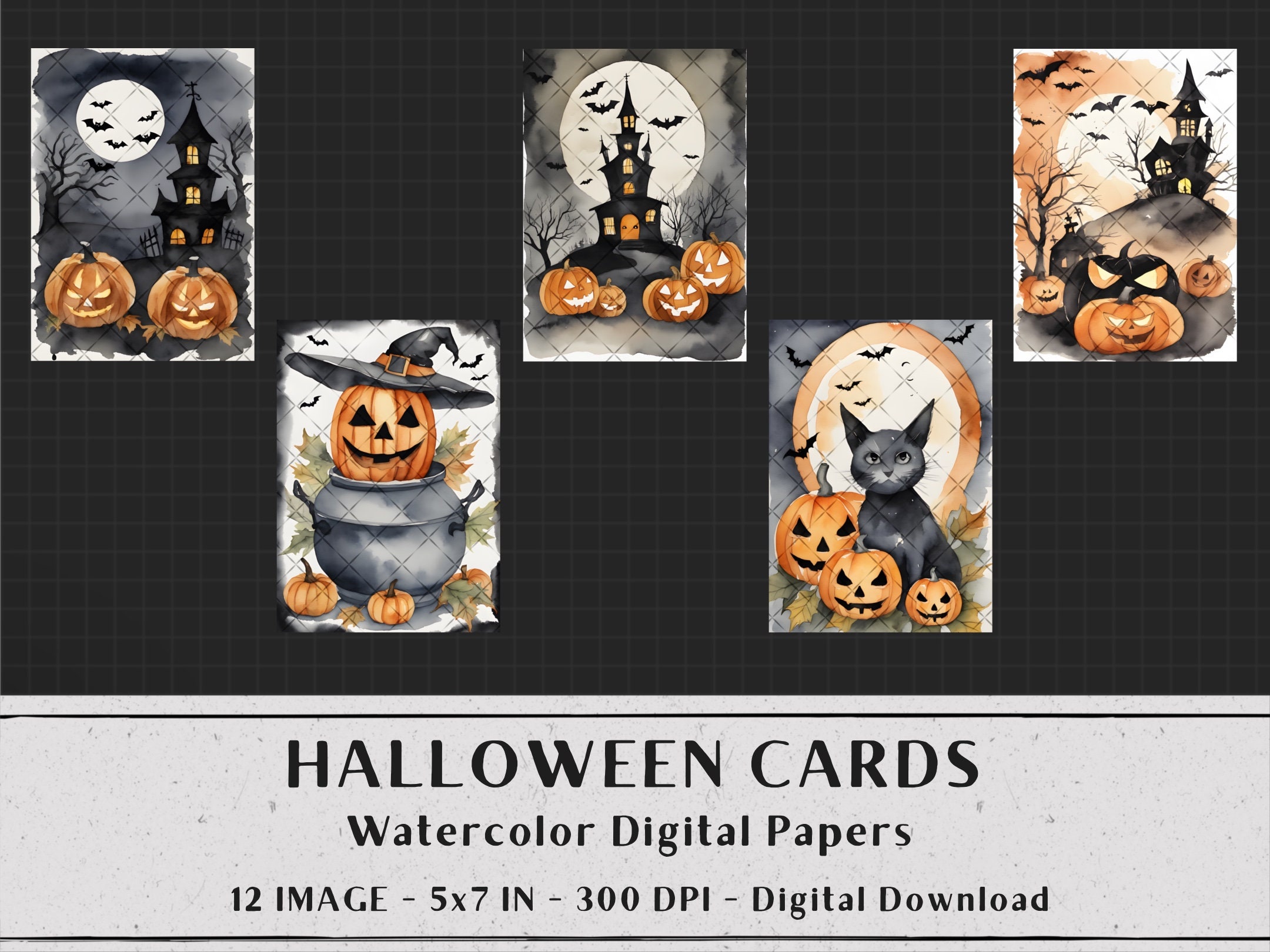 12 Watercolor Printable Halloween Illustration Cards, Junk Journal ...