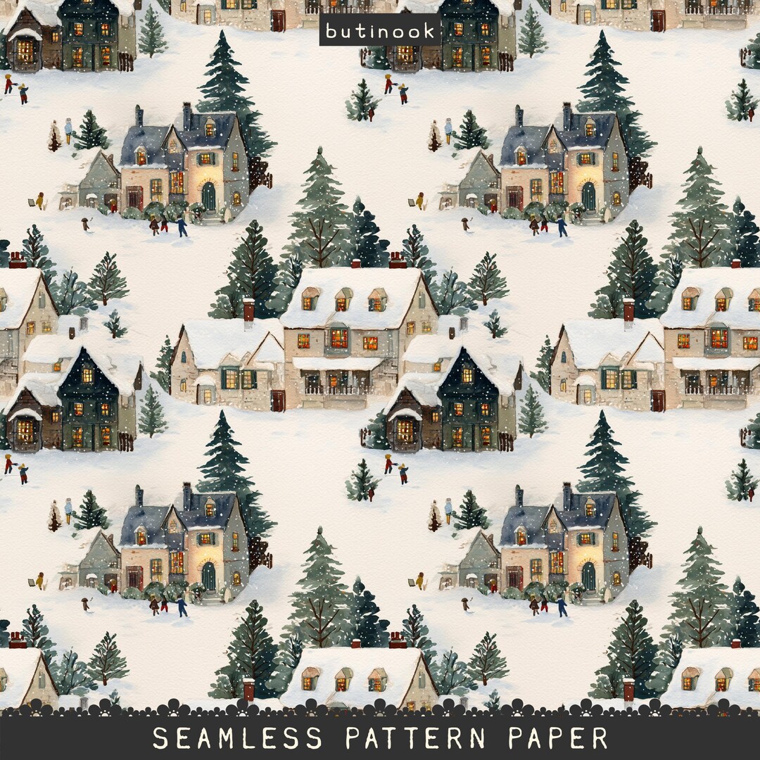 Cozy Winter Village Seamless Pattern, Christmas Houses Fabric, Vintage ...