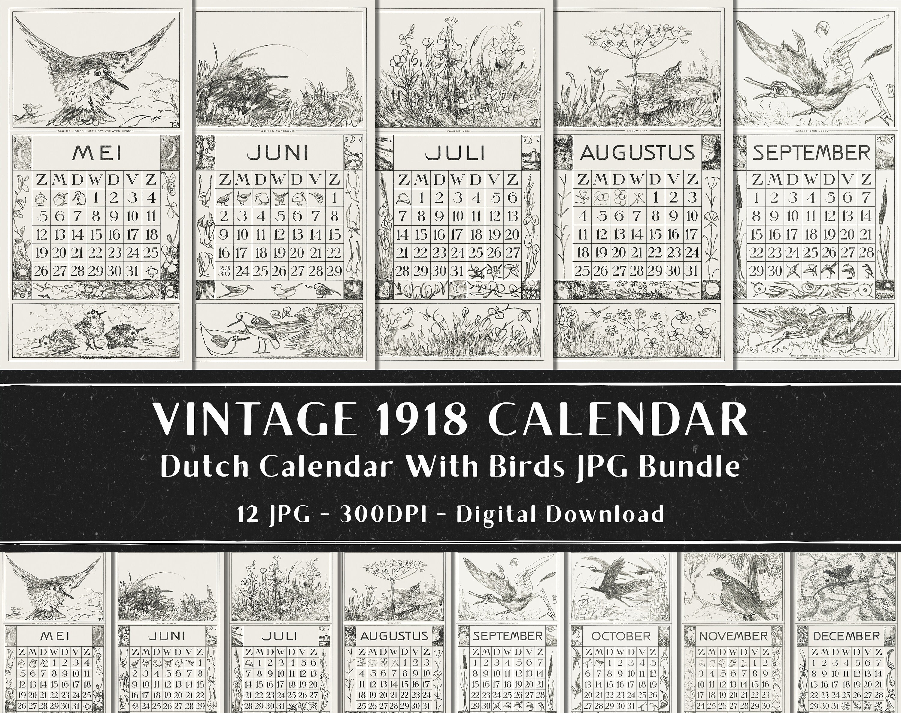 Vintage 1918 Calendar, Animal Calendar, Birds Illustrations, Calendar ...