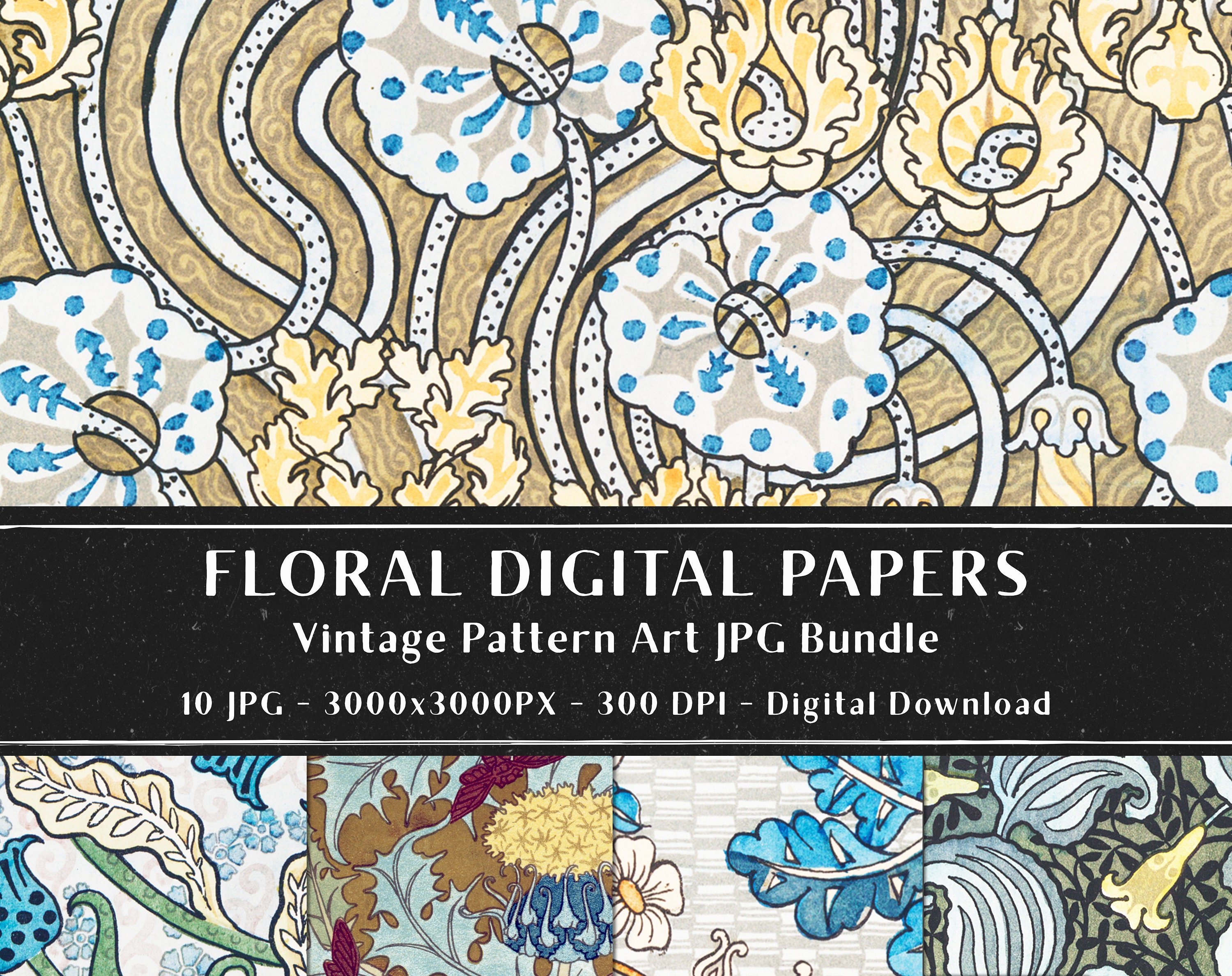 10 Vintage Floral Pattern Bundle, Digital Paper, Antique Botanical ...