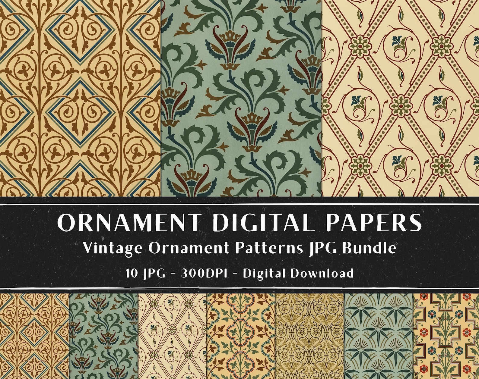 10 Vintage Ornament Patterns, Antique Ornament Digital Papers Bundle ...