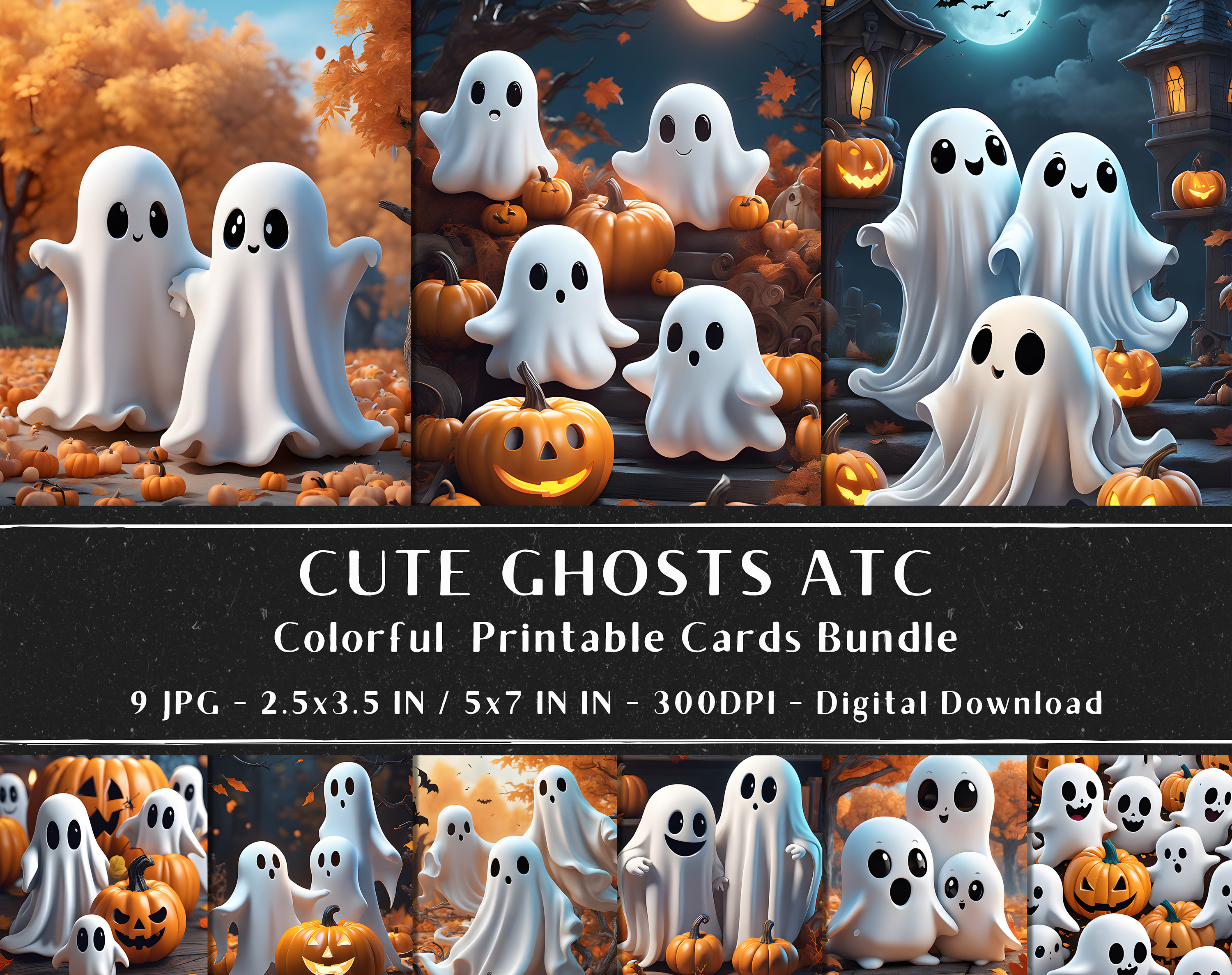 9 Cute Ghost ATC Cards, Printable Trading Card, Collage Sheet, Trick or ...