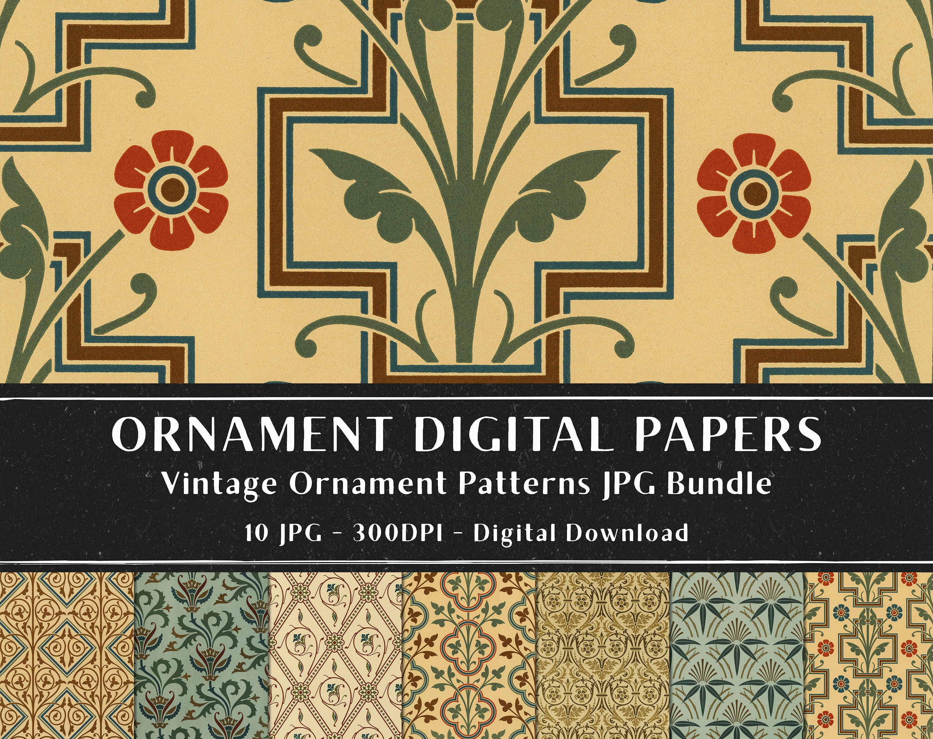 10 Vintage Ornament Patterns, Antique Ornament Digital Papers Bundle ...