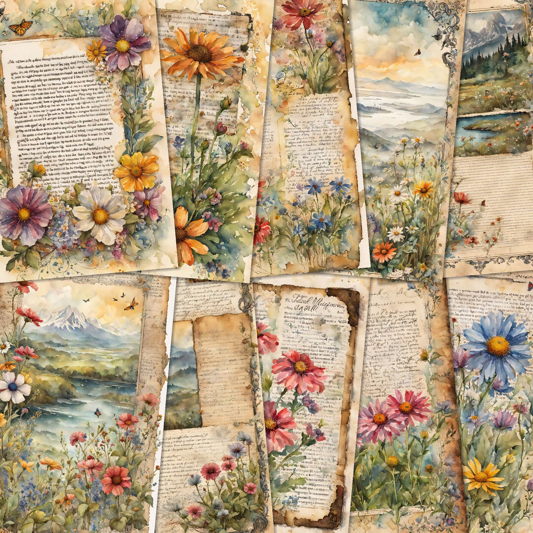 Vintage Wildflowers Pages Digital Kit Printable Antique Floral Papers ...