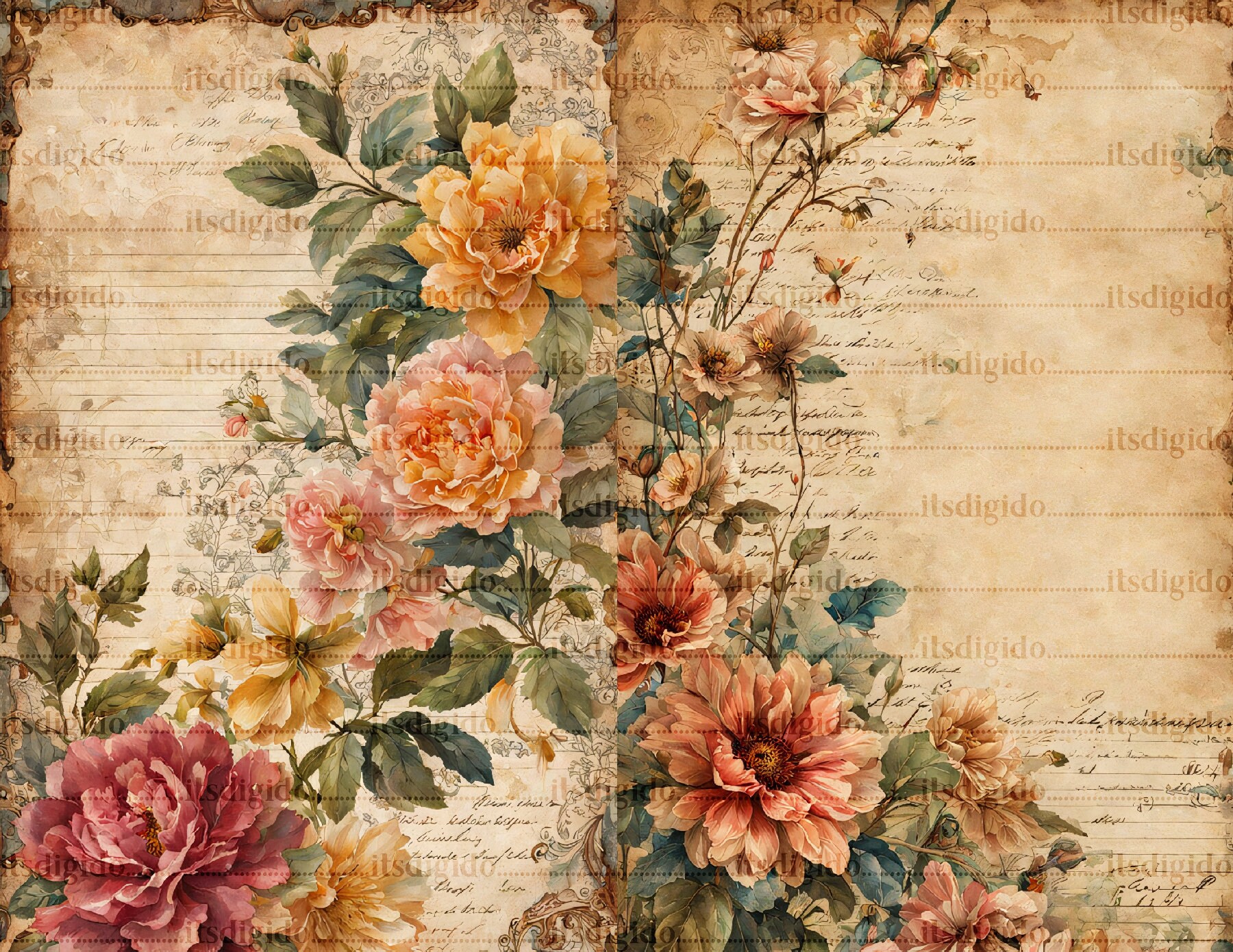 Vintage Boho Floral Digital Kit Printable A5 Antique Floral Papers ...
