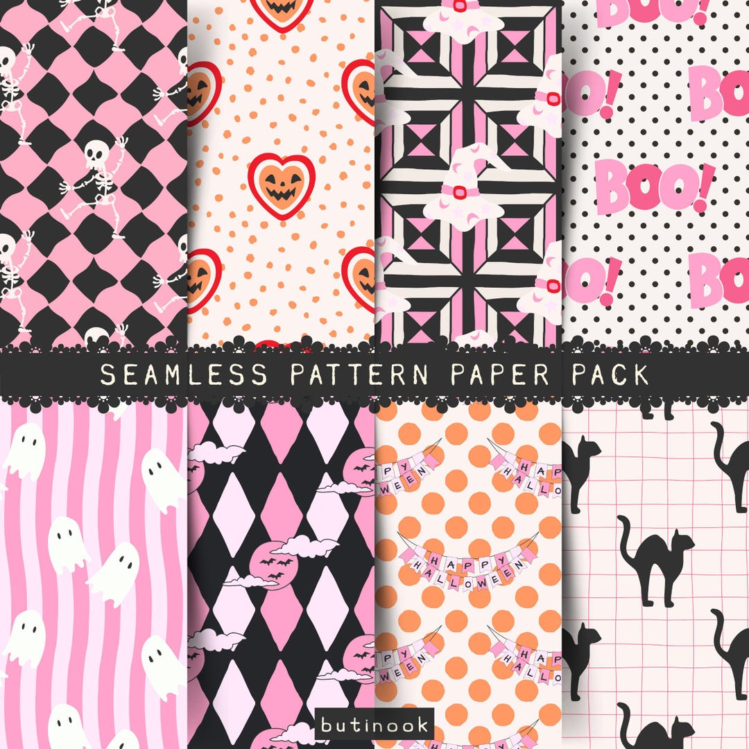 Pink Halloween Seamless Pattern Pack, Cute Spooky Digital Paper, Retro ...