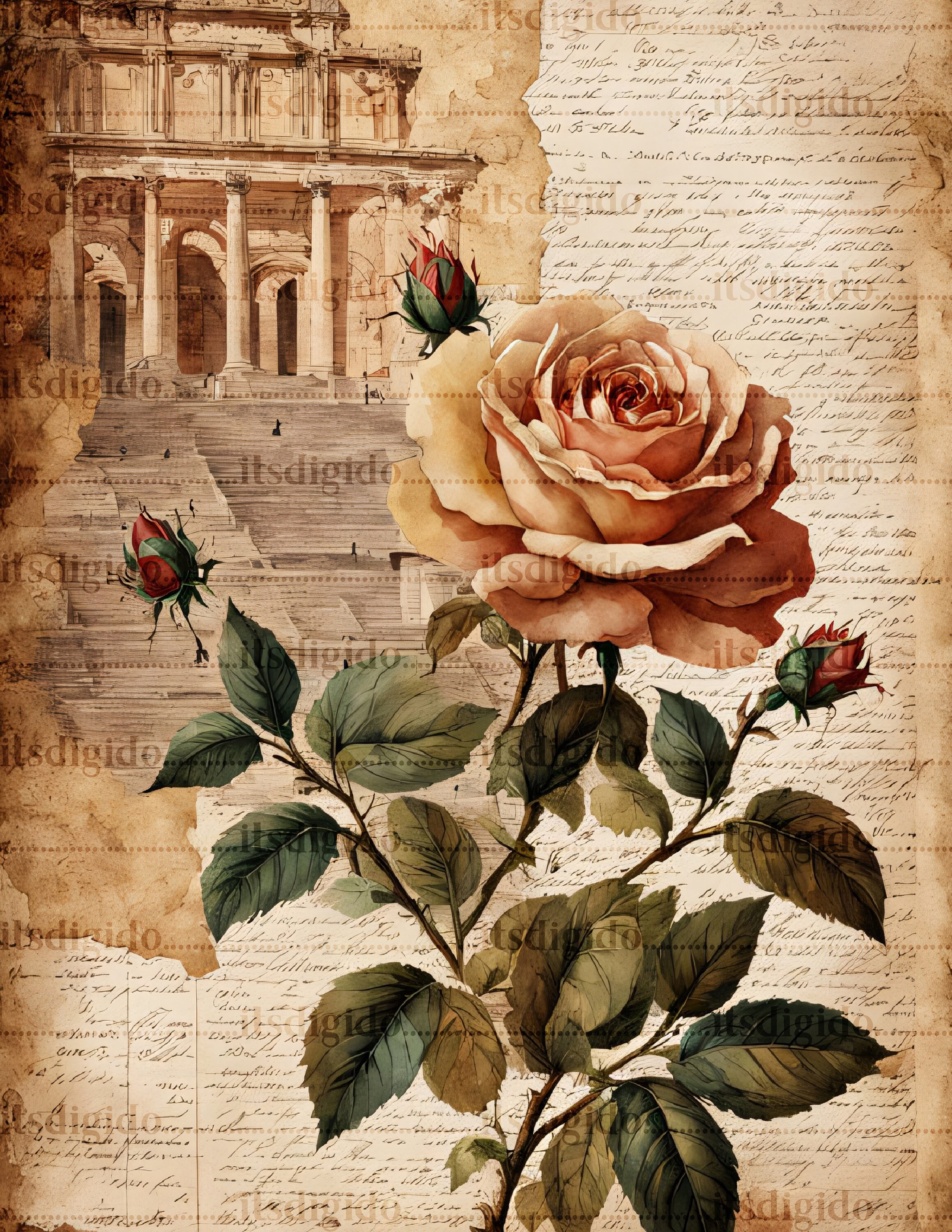 5 Vintage Flowers Digital Kit Printable Antique Roses Botanical Floral ...