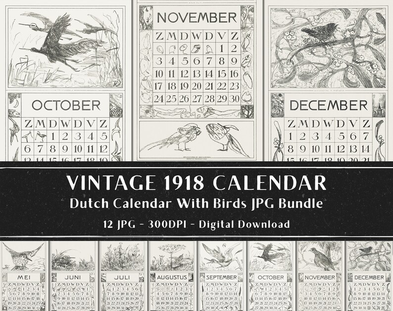 Vintage 1918 Calendar, Animal Calendar, Birds Illustrations, Calendar ...