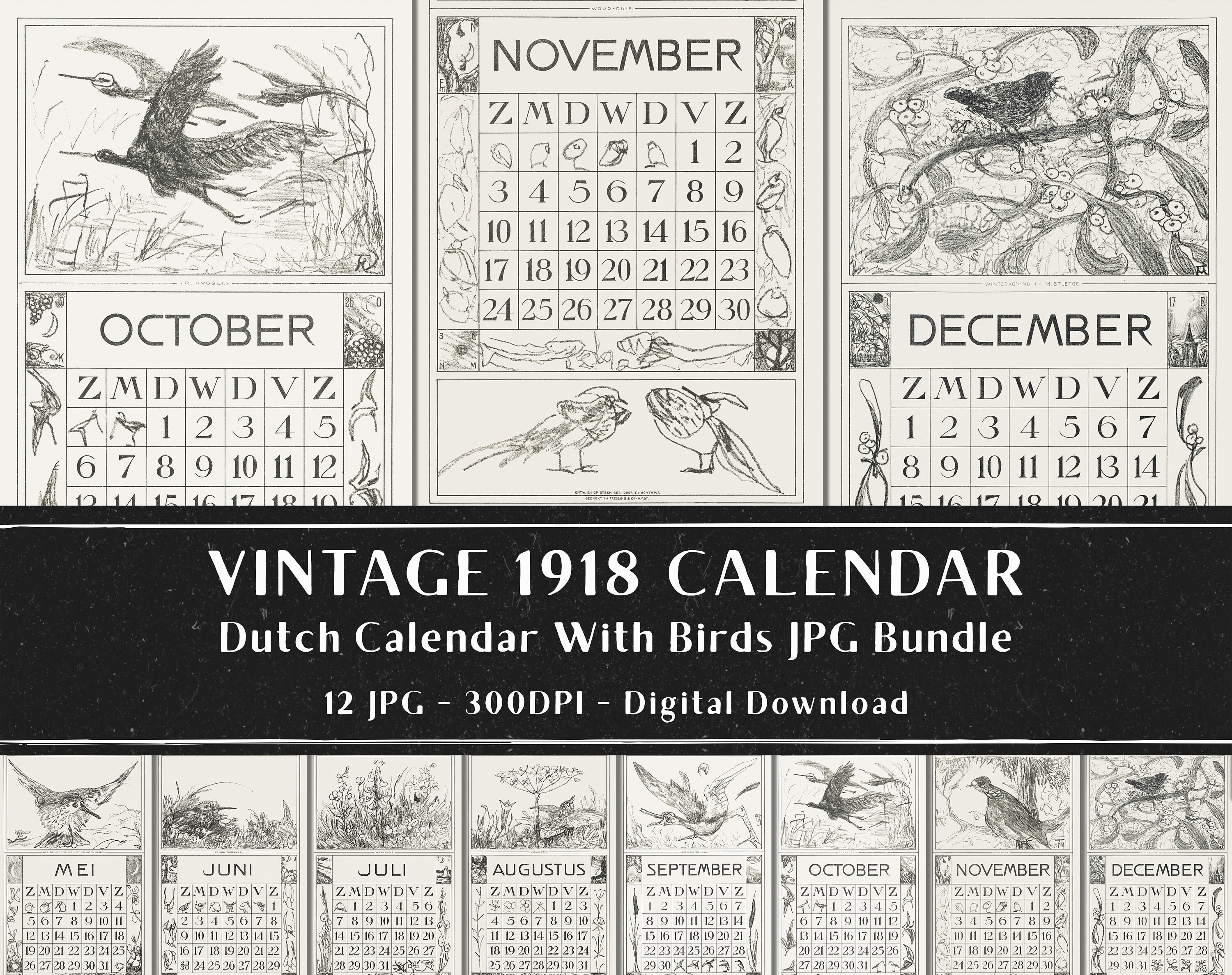 Vintage 1918 Calendar, Animal Calendar, Birds Illustrations, Calendar ...