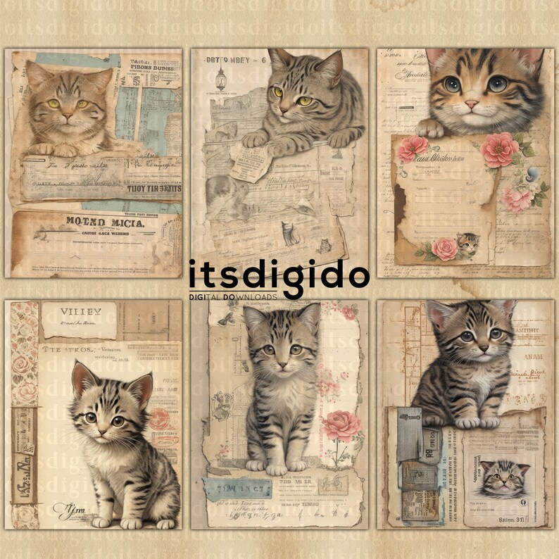 14 Cats and Kittens Digital Paper, Junk Journal Papers, Scrapbooking ...