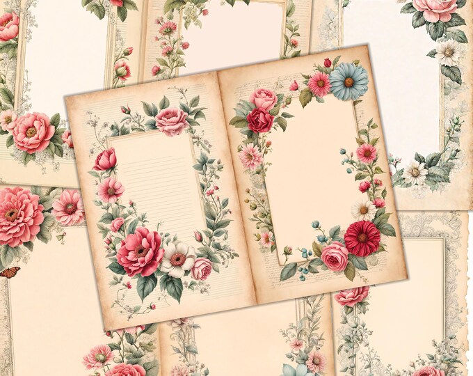 10 Vintage Floral Pages Kit Printable A5 Digikit Antique Blank Flowers ...