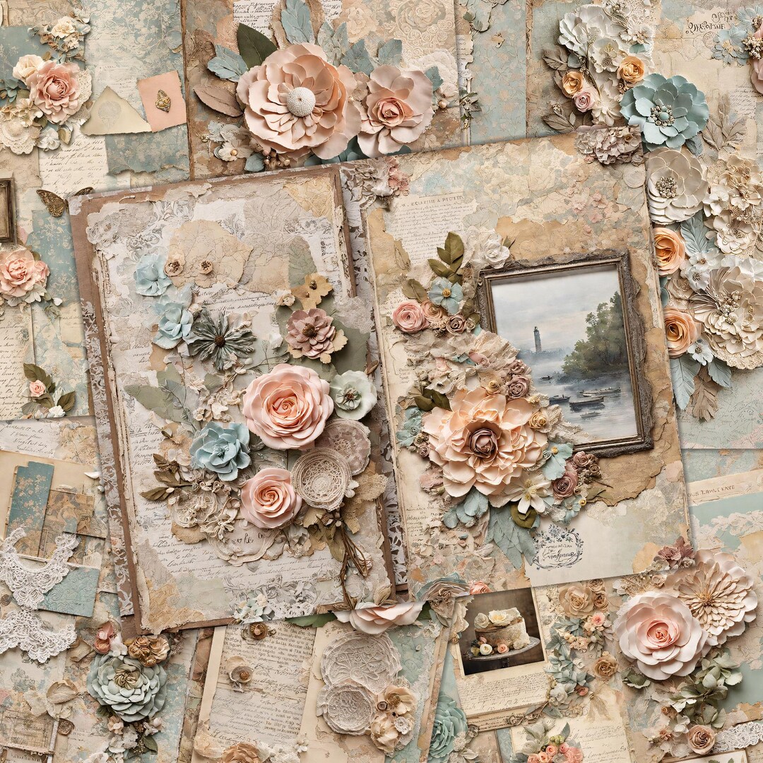 10 Vintage Romantic Flowers Kit Printable A5 Digikit Antique 3D Floral ...