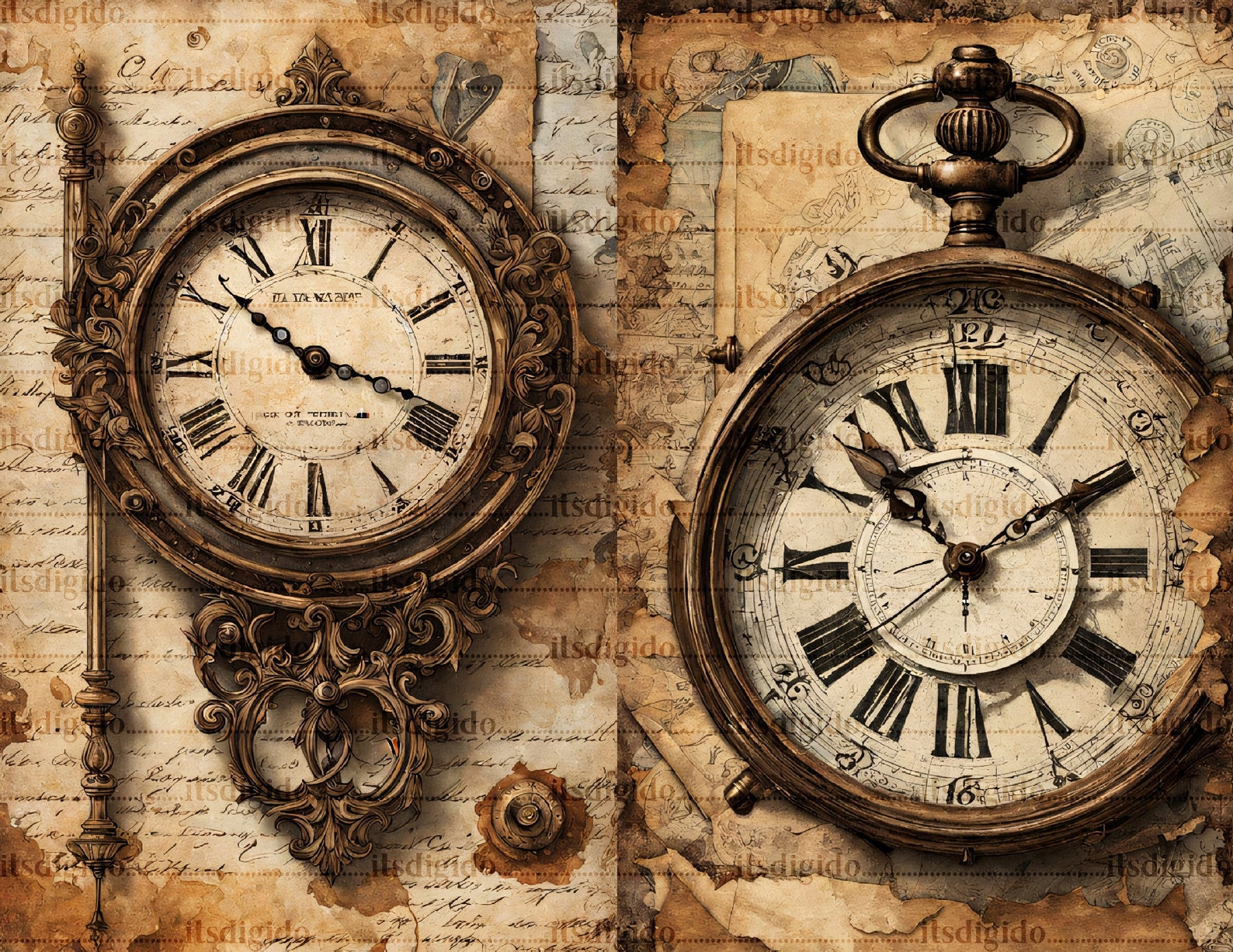Vintage Style Clocks Digital Kit Printable Antique Gears Papers Digikit ...