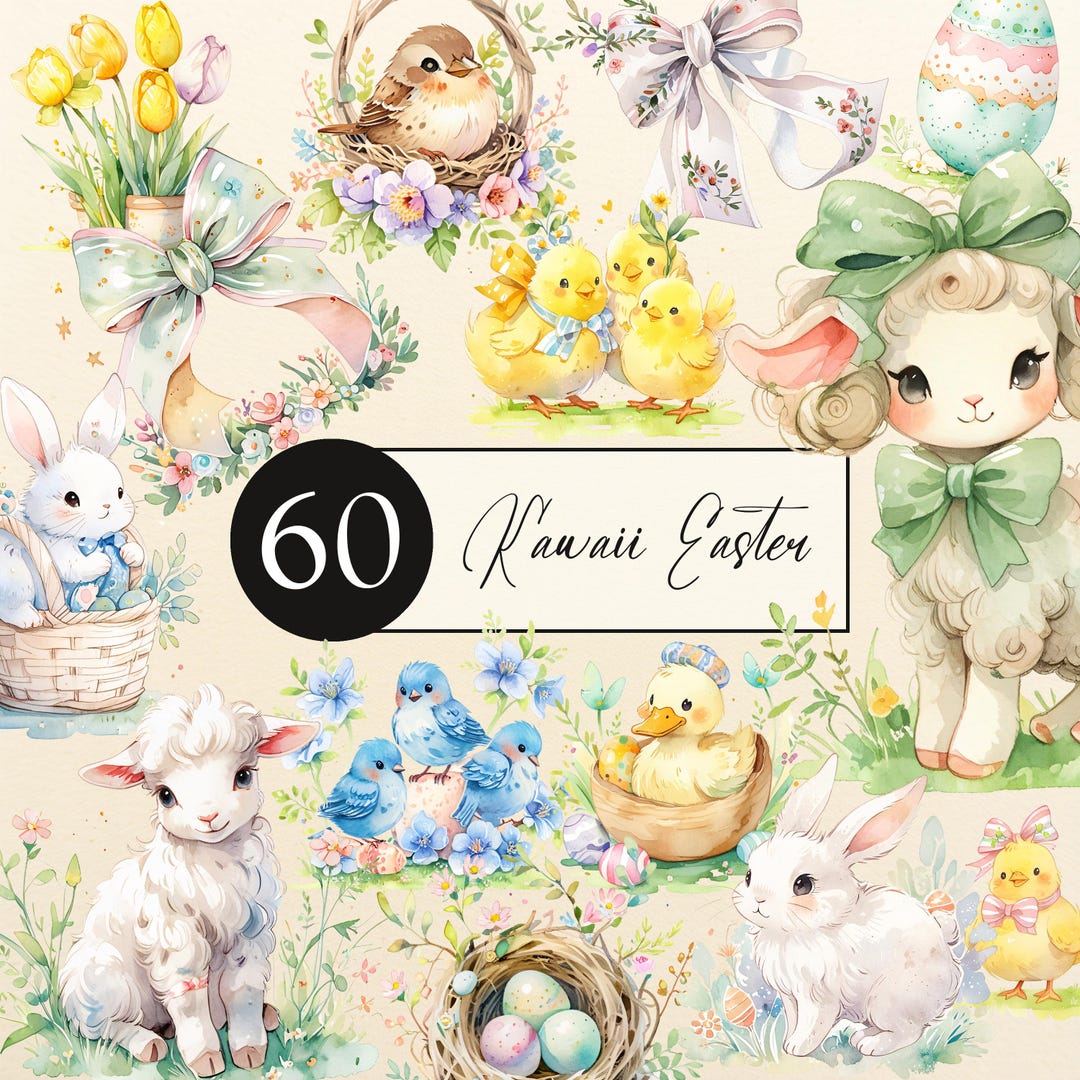 60 Kawaii Easter Watercolor Clipart Set Pastel Spring PNG Transparent ...
