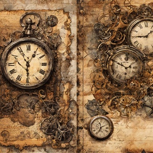 Vintage Style Clocks Digital Kit Printable Antique Gears Papers Digikit ...