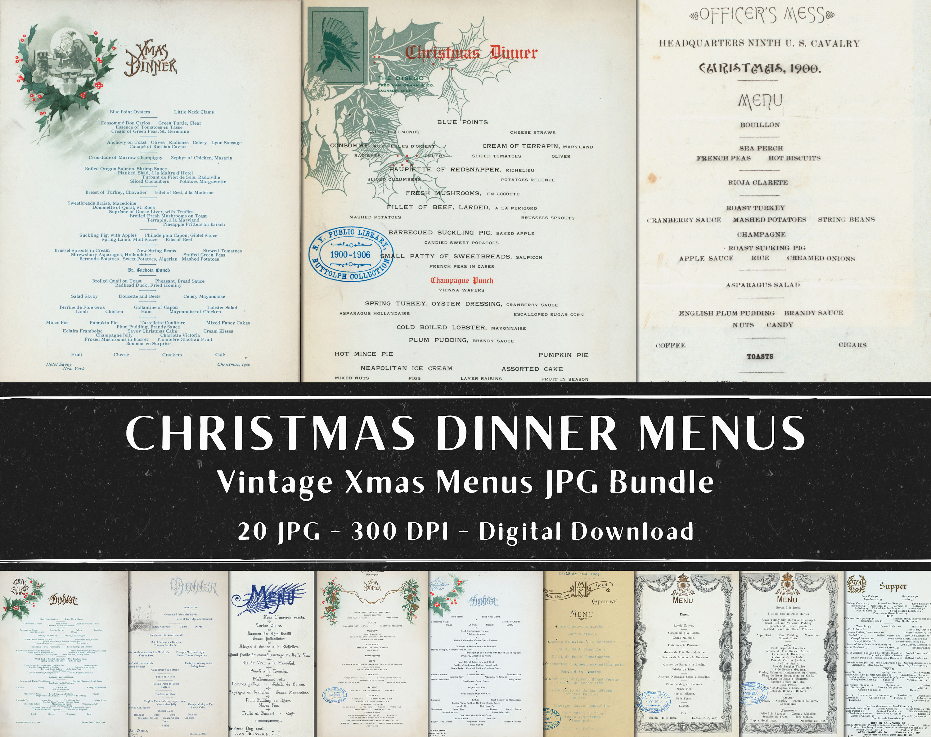 20 Vintage Christmas Restaurant Menu JPG Pack, Xmas Printable Antique ...