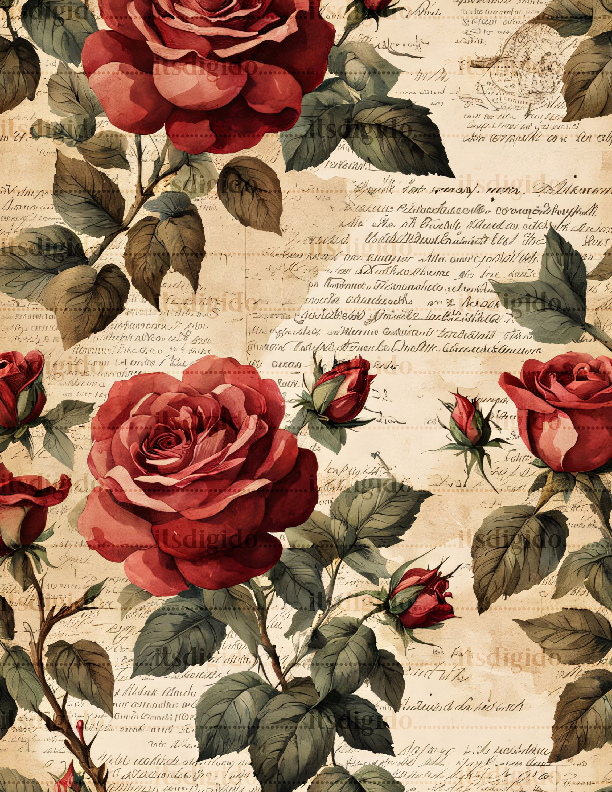 5 Vintage Flowers Digital Kit Printable Antique Roses Botanical Floral ...