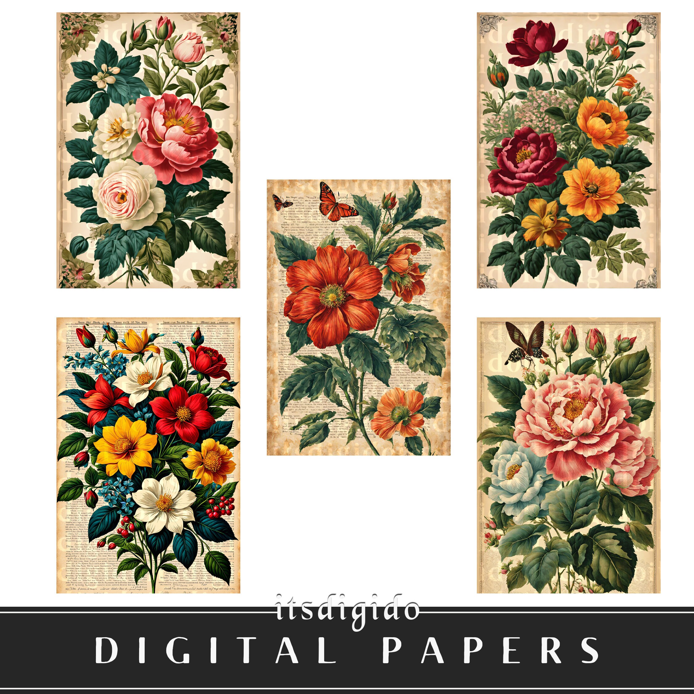 25 Mixed Vintage Floral Digital Paper Pack, Scrapbooking Floral Papers ...