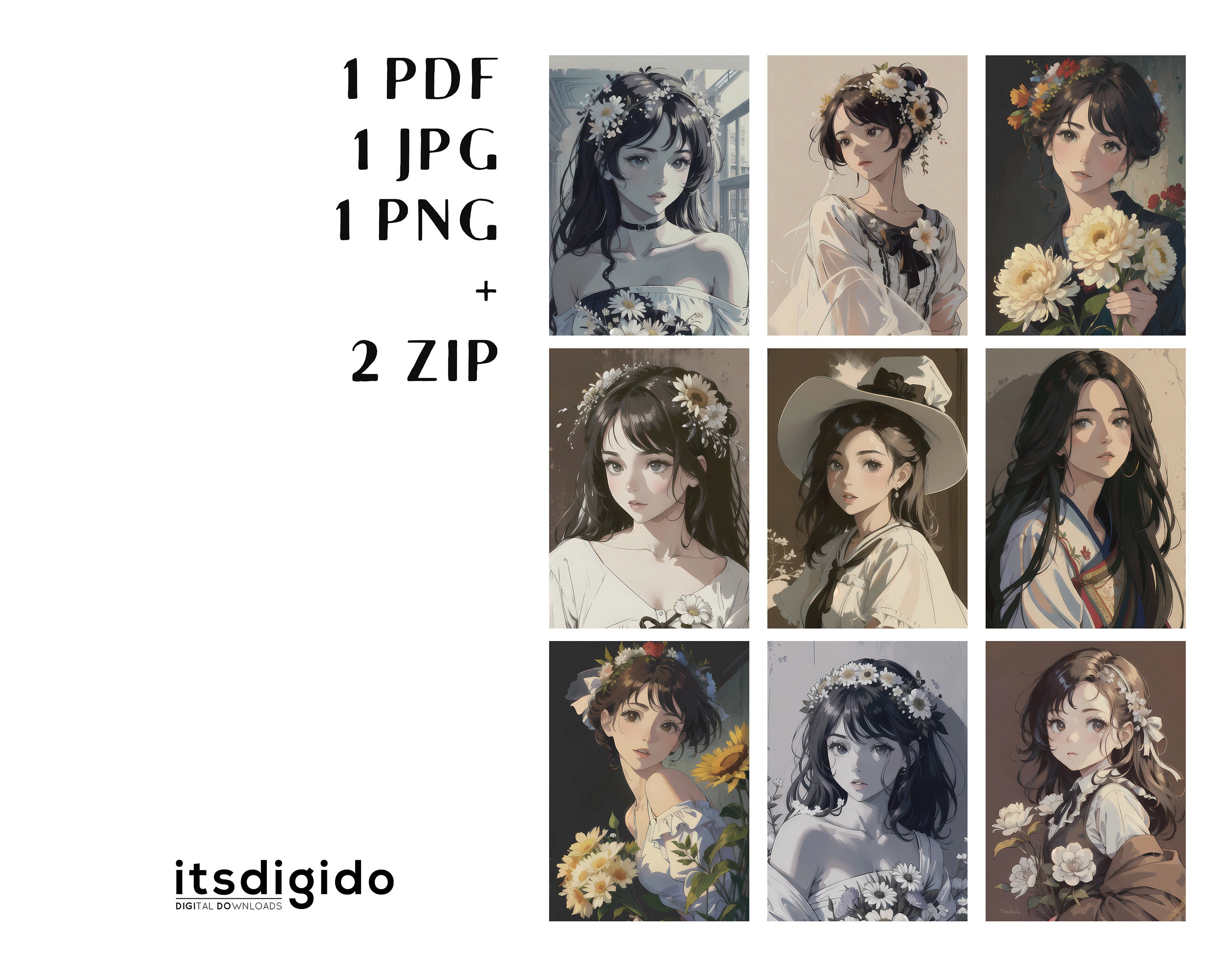 9 Girl With Flowers Drawing ATC Cards, Printable Trading Card, Collage ...