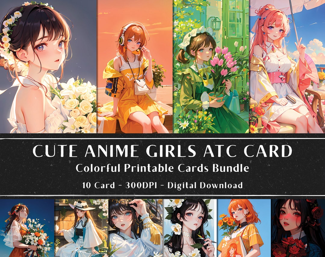 10 Cute Anime Girls Digital ATC Cards, Crafting Card Prints, Collage ...