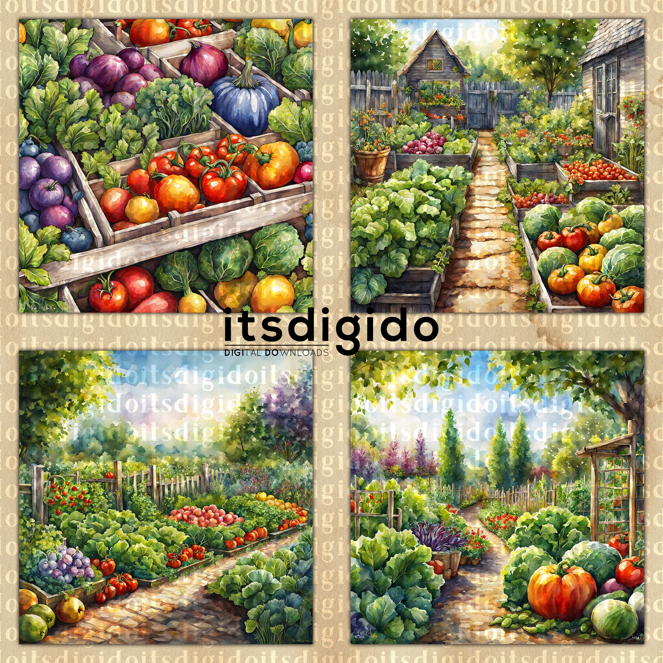12 Watercolor Vegetable Garden Digital Paper Pack, Junk Journal Papers ...
