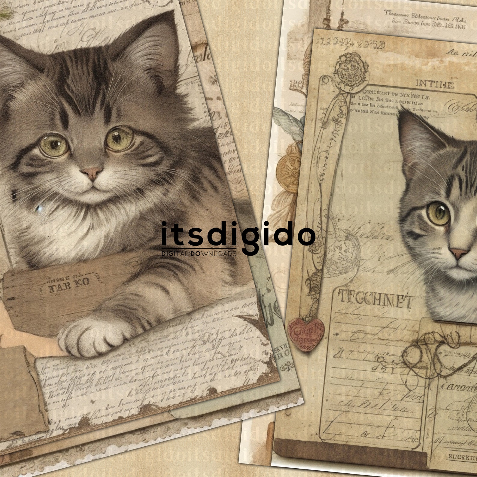 14 Cats and Kittens Digital Paper, Junk Journal Papers, Scrapbooking ...