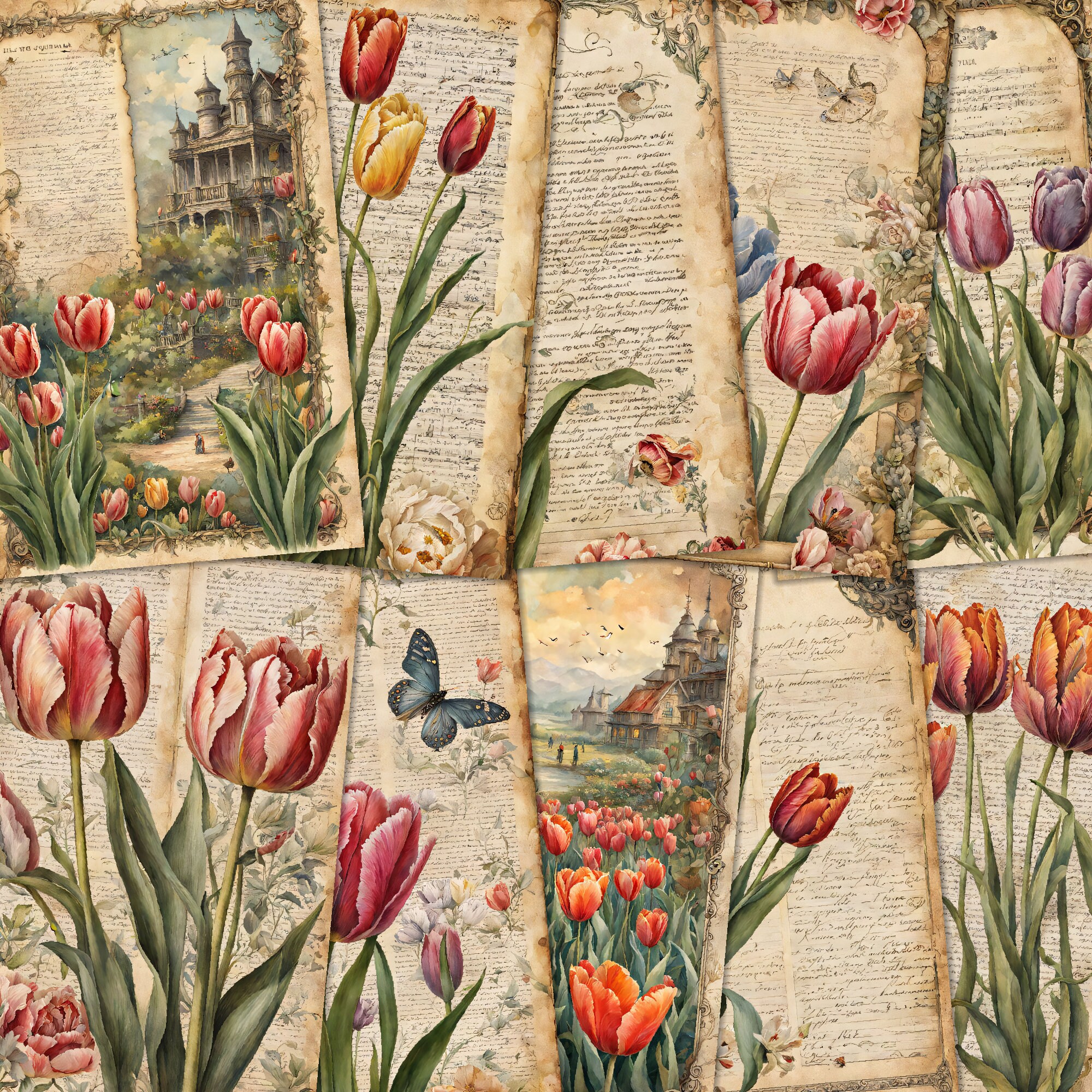 Vintage Tulips Digital Kit Printable Antique Botanical Floral Papers ...