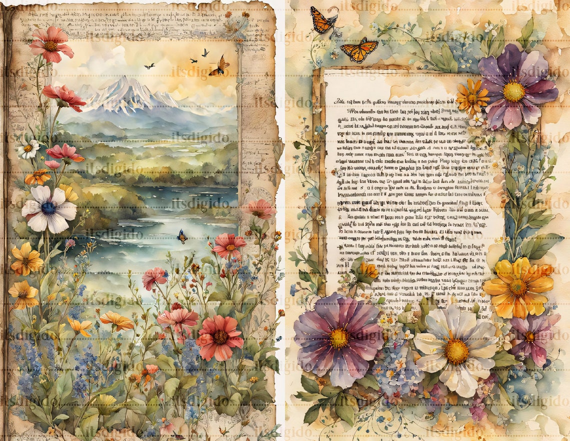 Vintage Wildflowers Pages Digital Kit Printable Antique Floral Papers ...