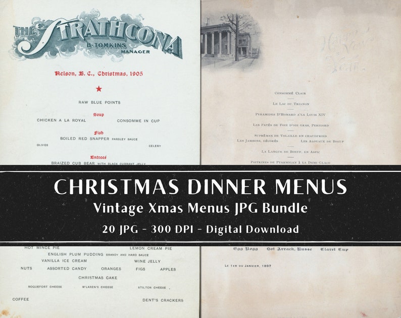 20 Vintage Christmas Restaurant Menu JPG Pack, Xmas Printable Antique ...