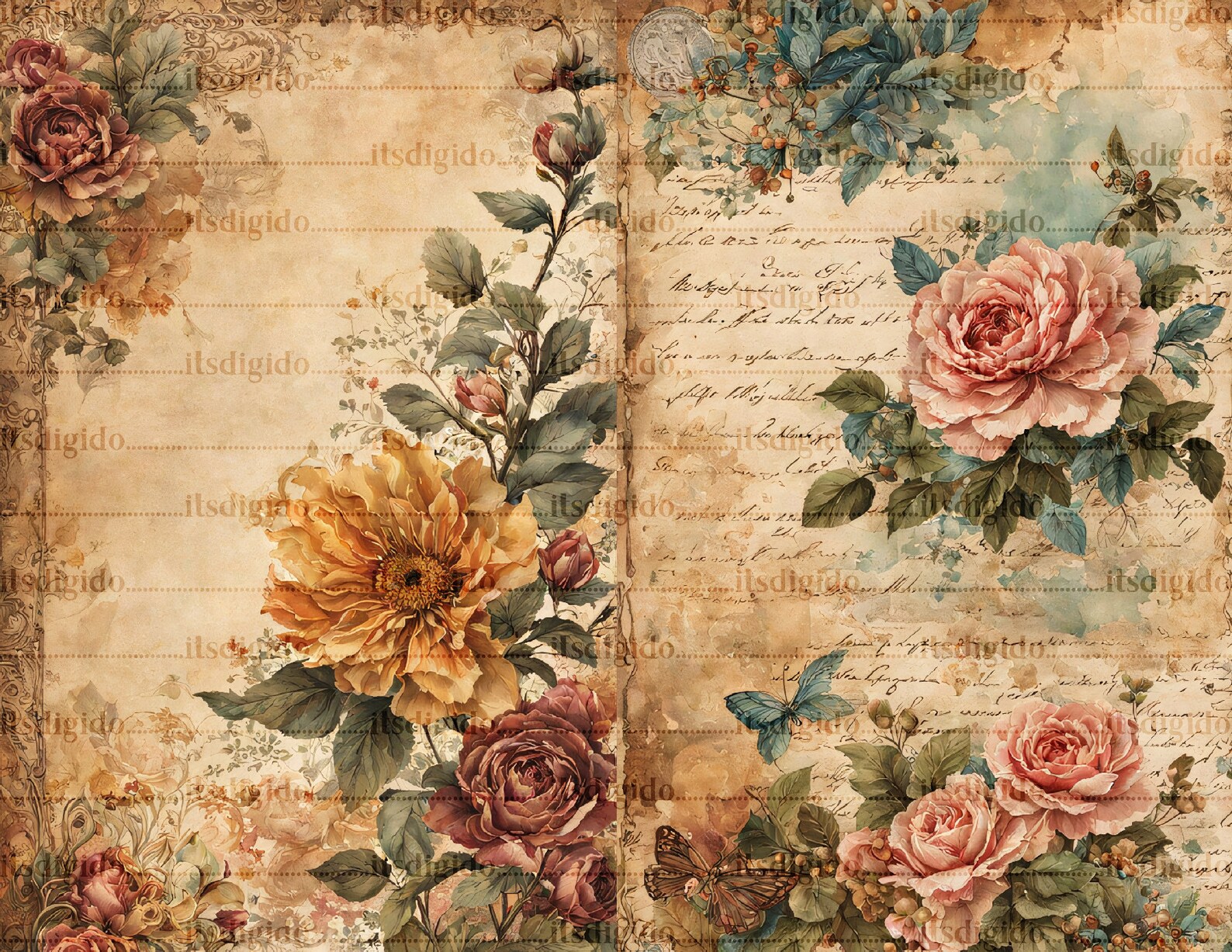 Vintage Boho Floral Digital Kit Printable A5 Antique Floral Papers ...