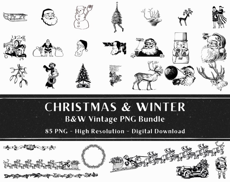 85 Vintage Christmas Winter Clipart PNG Bundle, Retro Christmas PNG ...