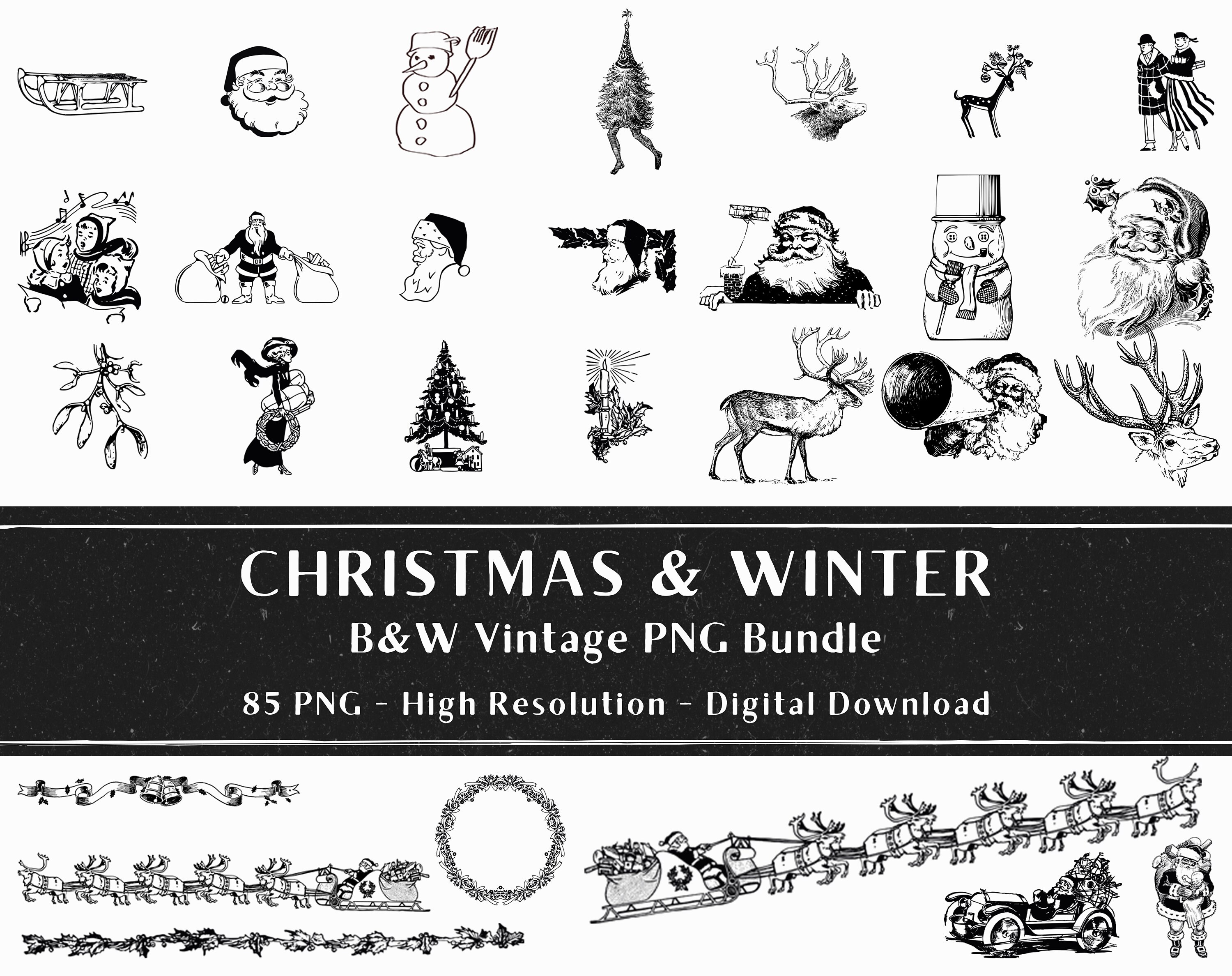 85 Vintage Christmas Winter Clipart PNG Bundle, Retro Christmas PNG ...