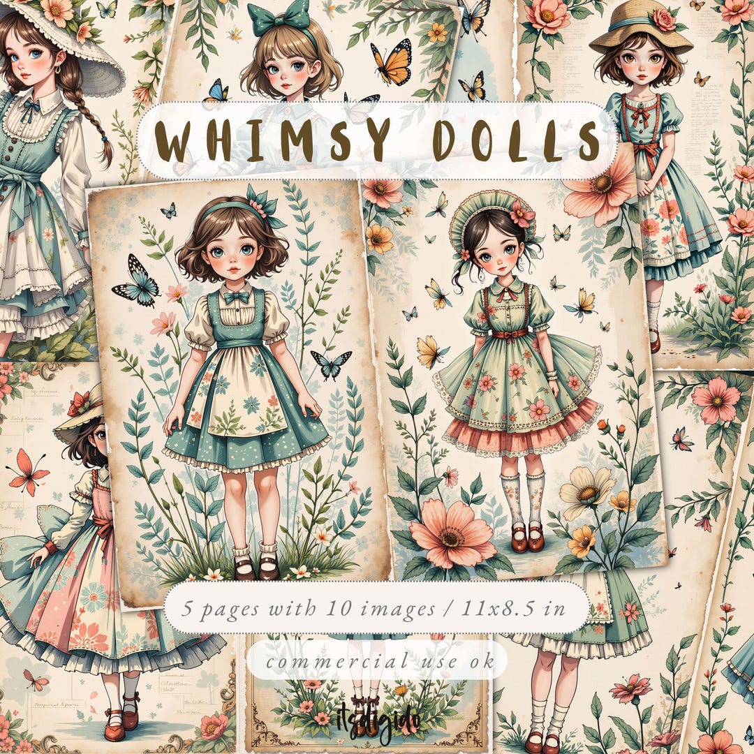 Whimsy Dolls Junk Journal Pages Printable Paper Whimsical Girls Digikit ...