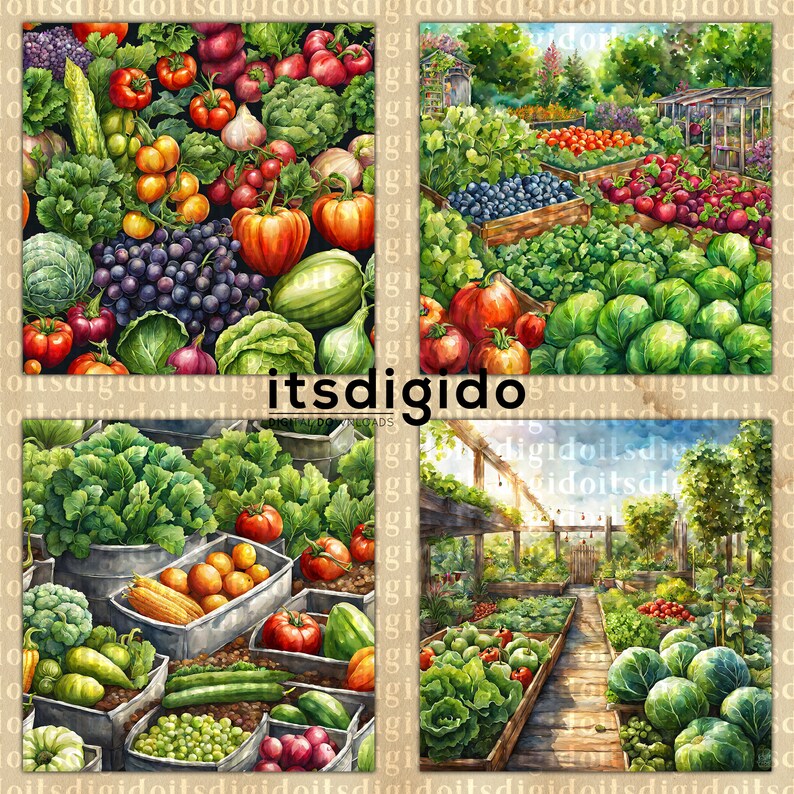 12 Watercolor Vegetable Garden Digital Paper Pack, Junk Journal Papers ...