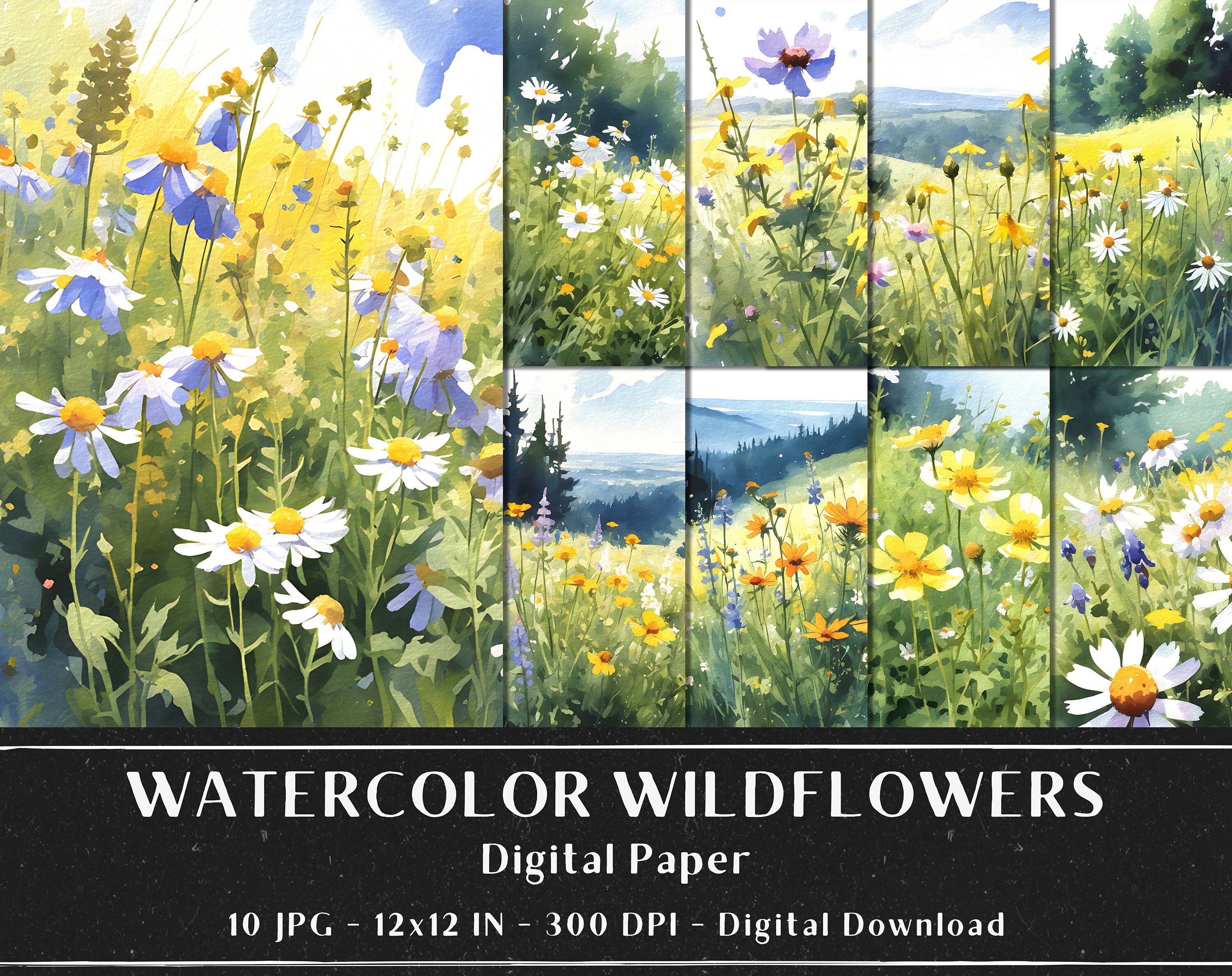10 Watercolor Wildflowers, Spring Landscape, Floral Digital Paper ...