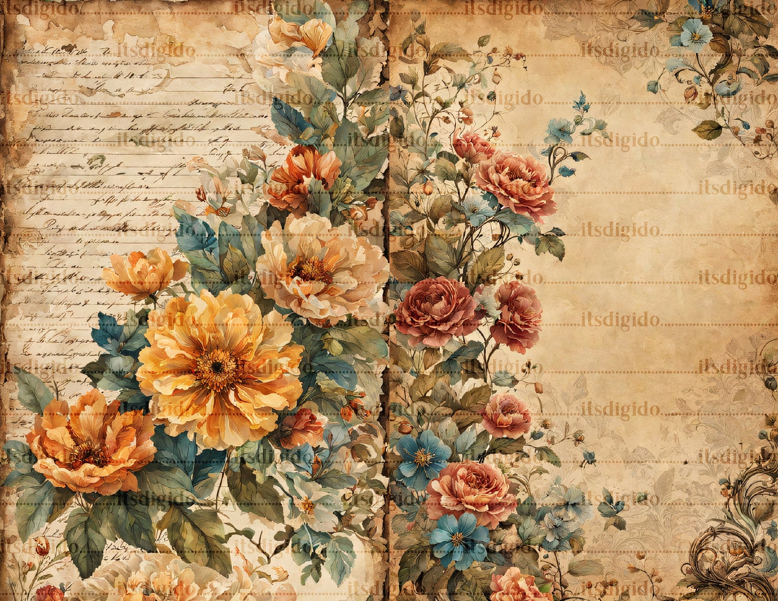 Vintage Boho Floral Digital Kit Printable A5 Antique Floral Papers ...
