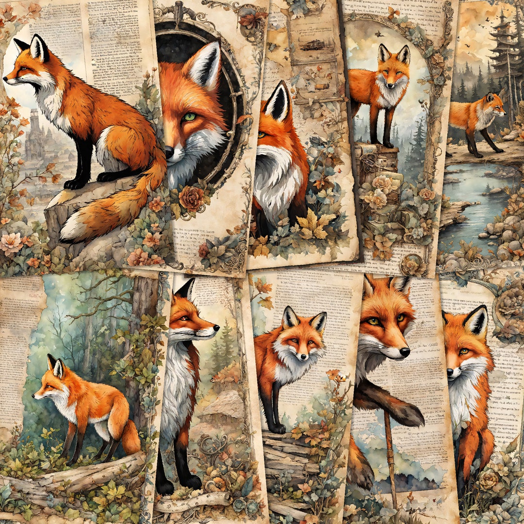Vintage Fox Woodland Digital Kit Scrapbook Page Printable Antique ...