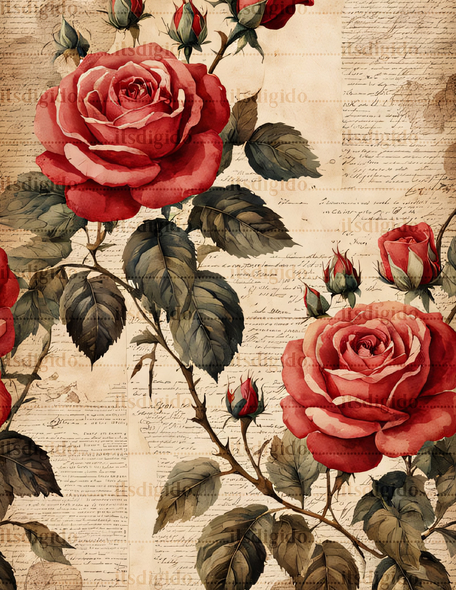 5 Vintage Flowers Digital Kit Printable Antique Roses Botanical Floral ...
