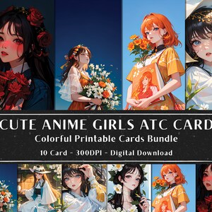 10 Cute Anime Girls Digital ATC Cards, Crafting Card Prints, Collage ...