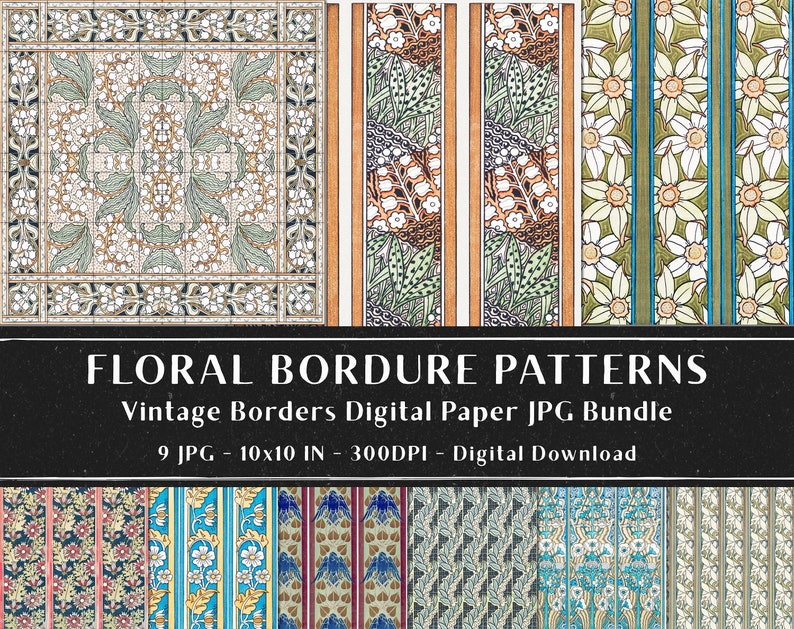 9 Vintage Floral Bordure Pattern Bundle, Digital Paper, Antique ...