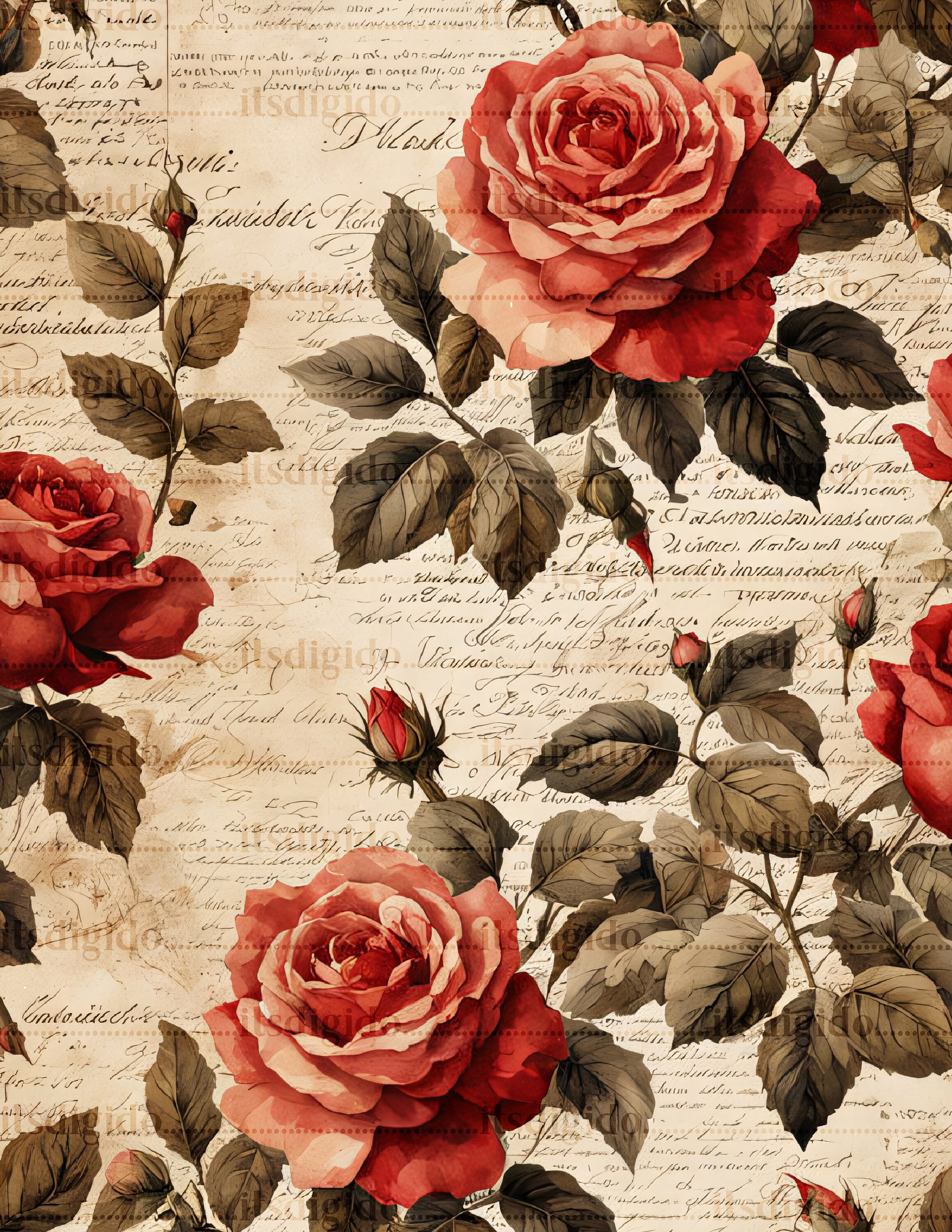 5 Vintage Flowers Digital Kit Printable Antique Roses Botanical Floral ...