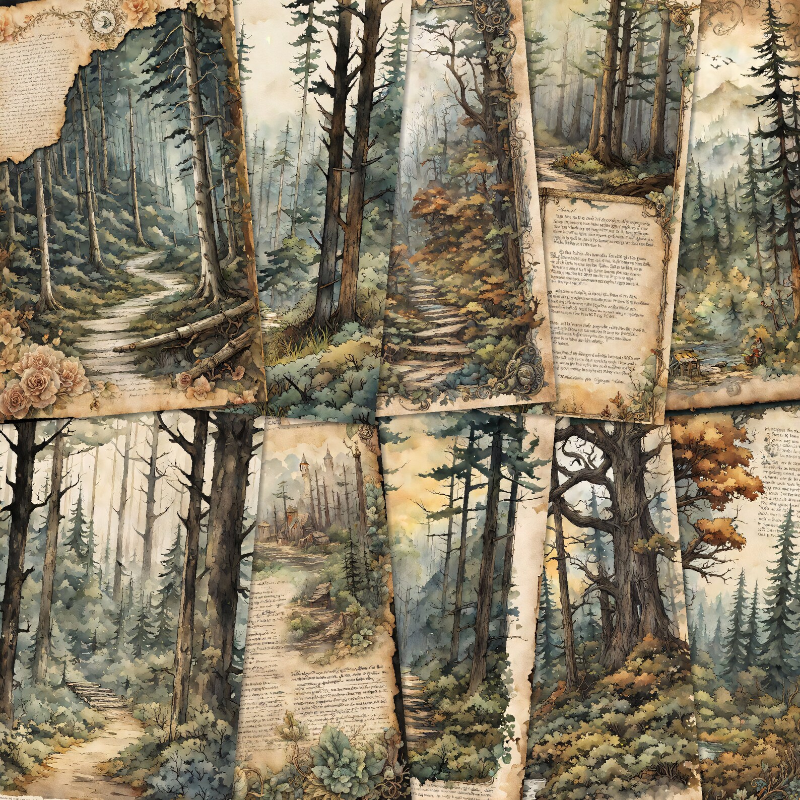 Vintage Old Forest Pages Digital Kit Printable Antique Woodland Papers ...