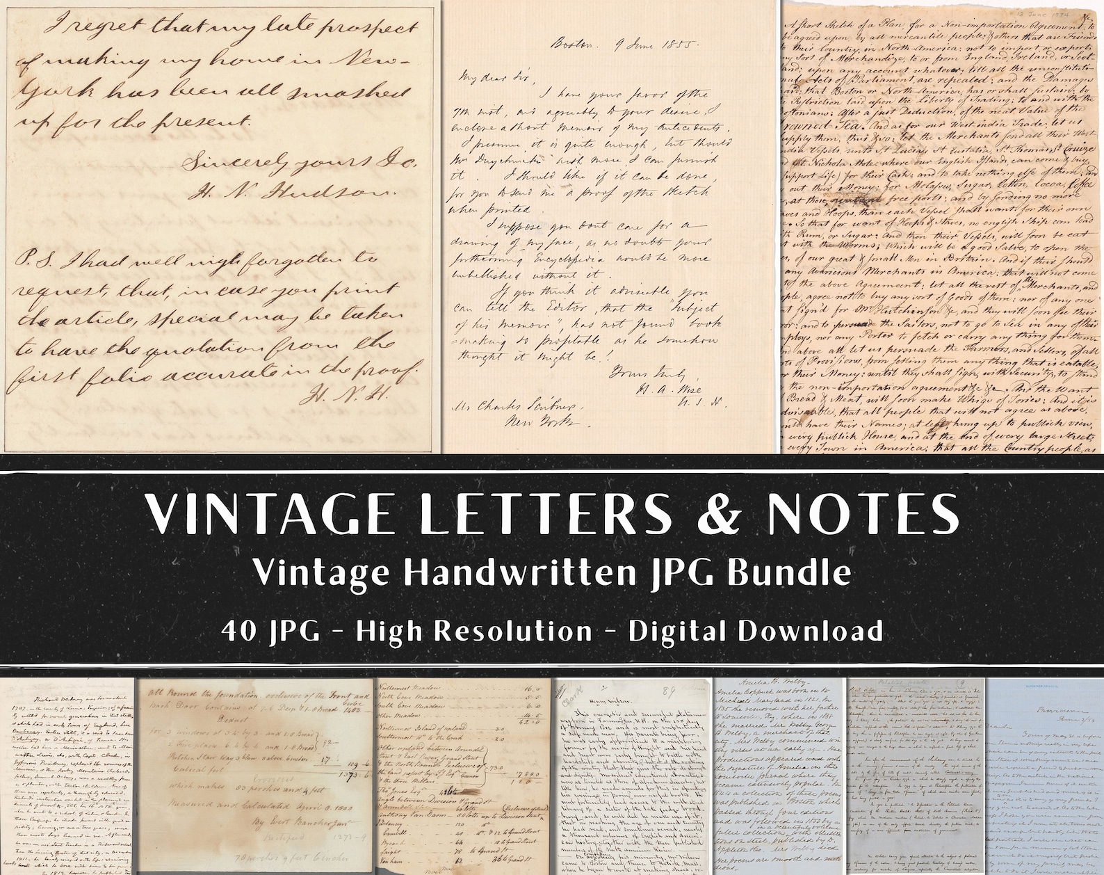 40 Vintage Handwritten Notes & Letters, Old Digital Paper Kit ...