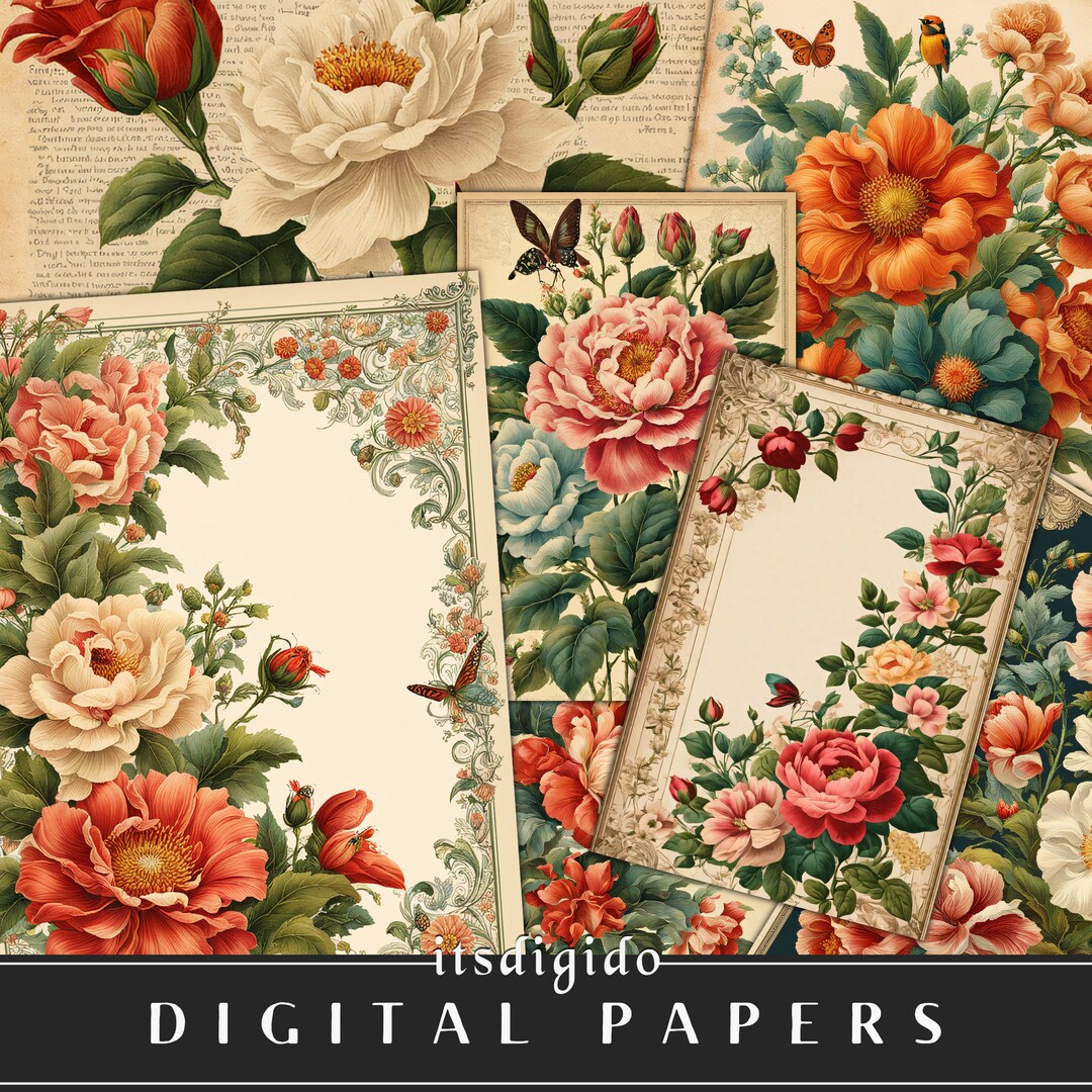 25 Mixed Vintage Floral Digital Paper Pack, Scrapbooking Floral Papers ...