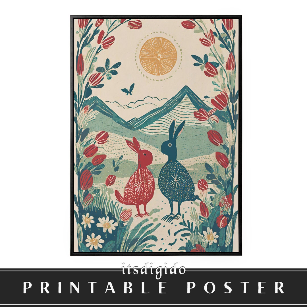 Spring Easter Bunnies Digital Poster, Printable Wall Art, Digital ...