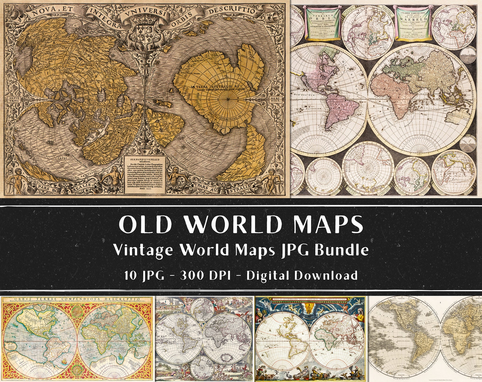 10 Old World Maps, Antique Maps, Vintage Geography Art Bundle, Instant ...