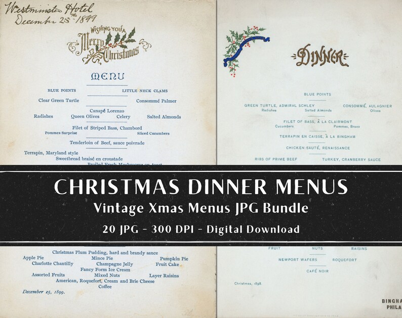 20 Vintage Christmas Restaurant Menu JPG Pack, Xmas Printable Antique ...