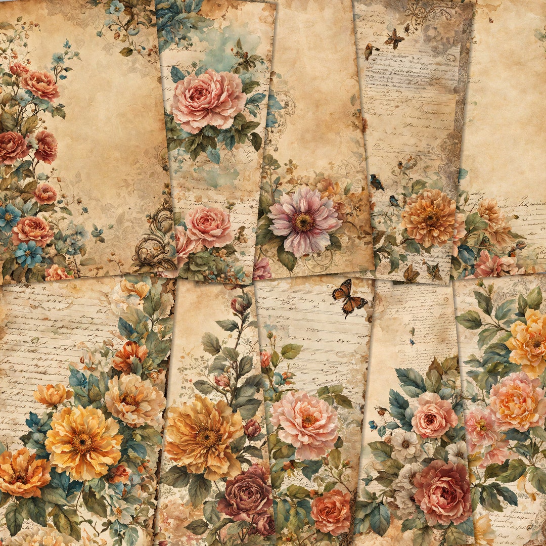 Vintage Boho Floral Digital Kit Printable A5 Antique Floral Papers ...