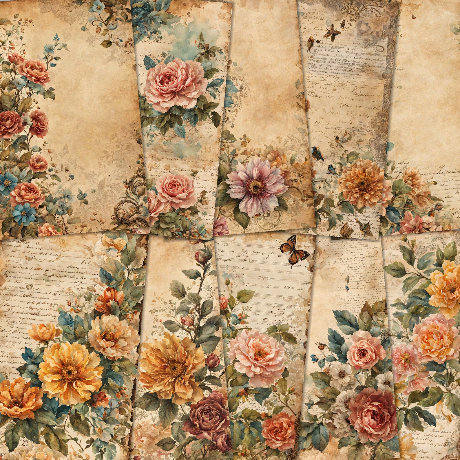 Vintage Boho Floral Digital Kit Printable A5 Antique Floral Papers ...